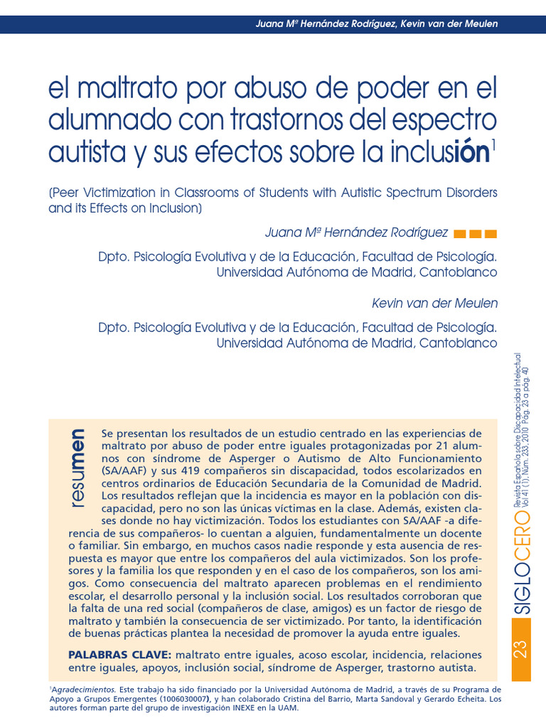 El Maltrato Por Abuso de Poder en El Alumnado Con Trastornos Del Espectro Autista y Sus Efectos ...