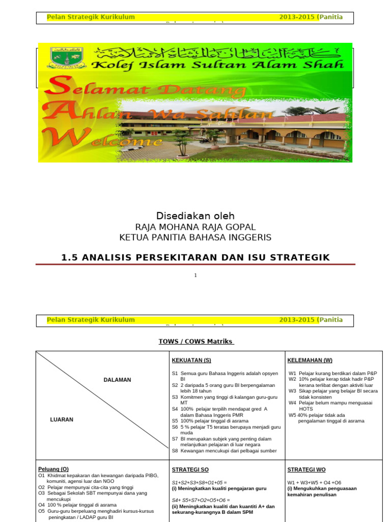 Pelan Strategik Panitia Bahasa Inggeris KISAS 2013-2015 Final | PDF