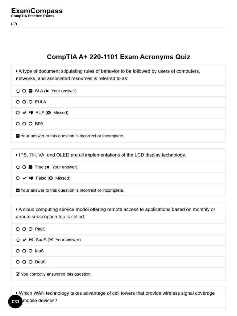 CompTIA A+ 220-1101 Exam Acronyms Quiz | PDF | Arquitetura de rede ...