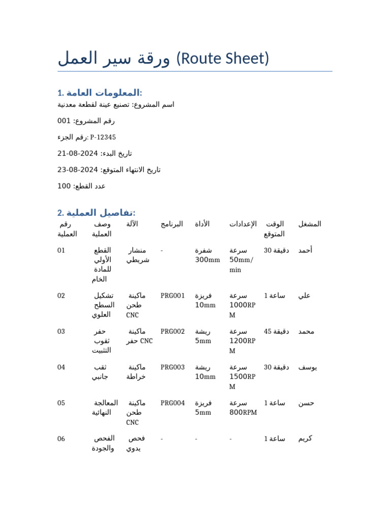 Route Sheet Sample | PDF | Technology & Engineering