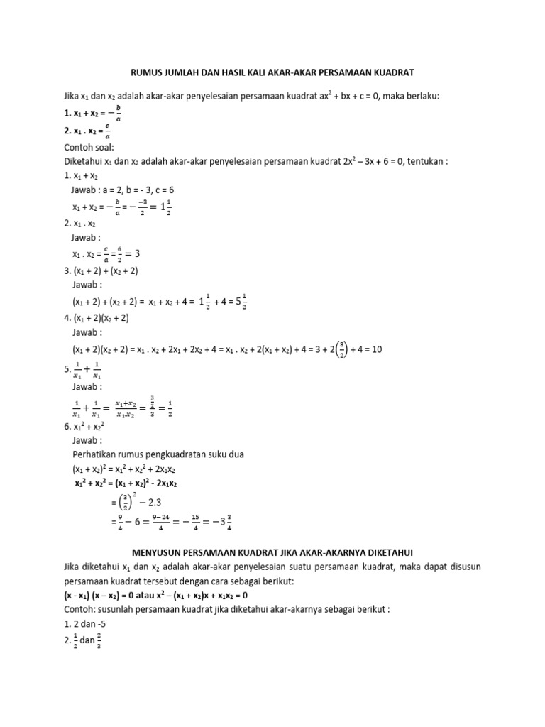 Rumus Jumlah Dan Hasil Kali Akar Serta Menyusun Persamaan Kuadrat Jika ...