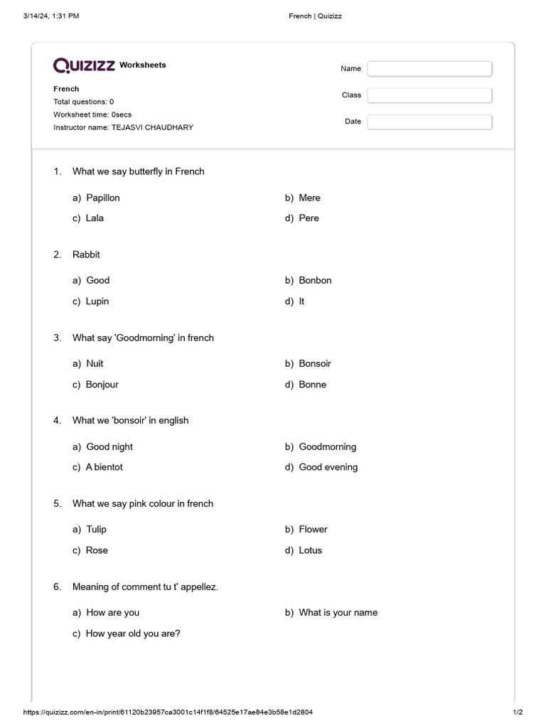 Class 5 Work Sheet French 9 | PDF