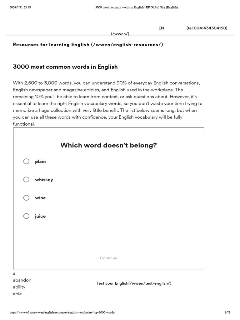 3000 Most Common Words in English - EF Global Site (English) | PDF