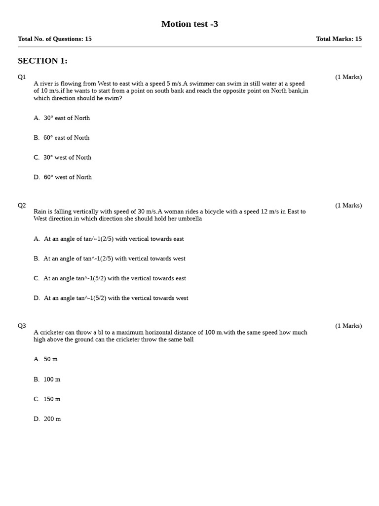 Physics Motion Test Questions | PDF | Projectiles | Acceleration