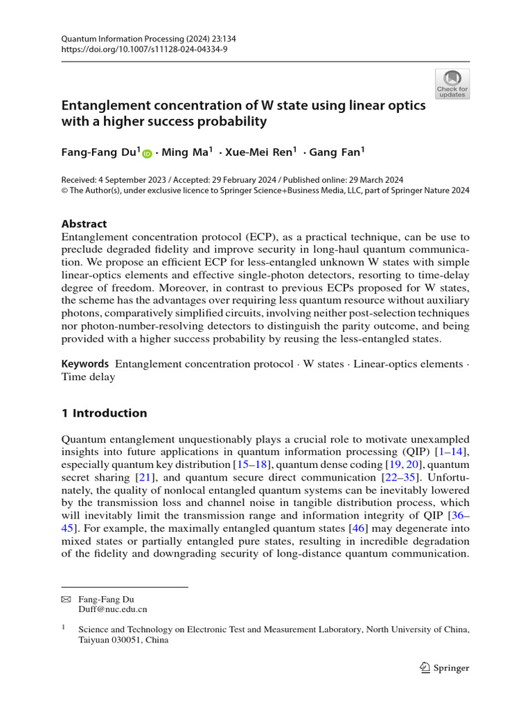 Entanglement Concentration of W State Using Linear Optics With A Higher Success Probability | PDF