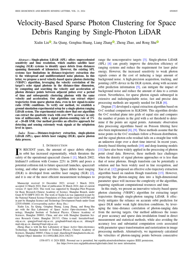 Velocity-Based Sparse Photon Clustering For Space Debris Ranging by Single-Photon LiDAR | PDF
