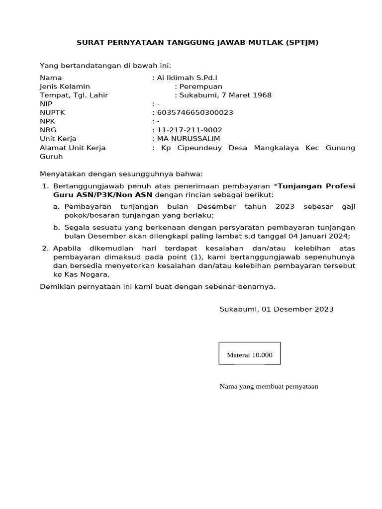 Surat Pernyataan Tanggung Jawab Mutlak (SPTJM) | PDF