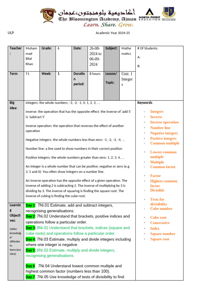 UNIT LESSON PLAN - Year 7 | PDF