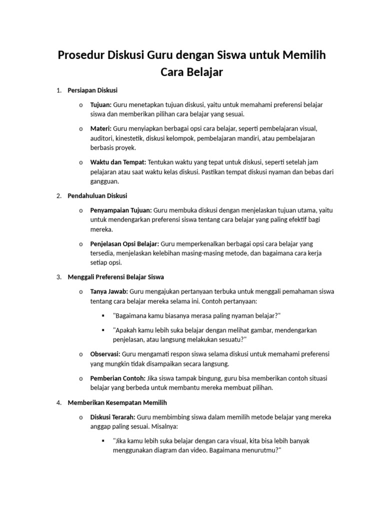 9 Contoh Prosedur Diskusi Guru Dengan Siswa Untuk Memilih Cara Belajar ...