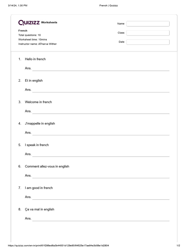 Class 5 Work Sheet French 7 | PDF