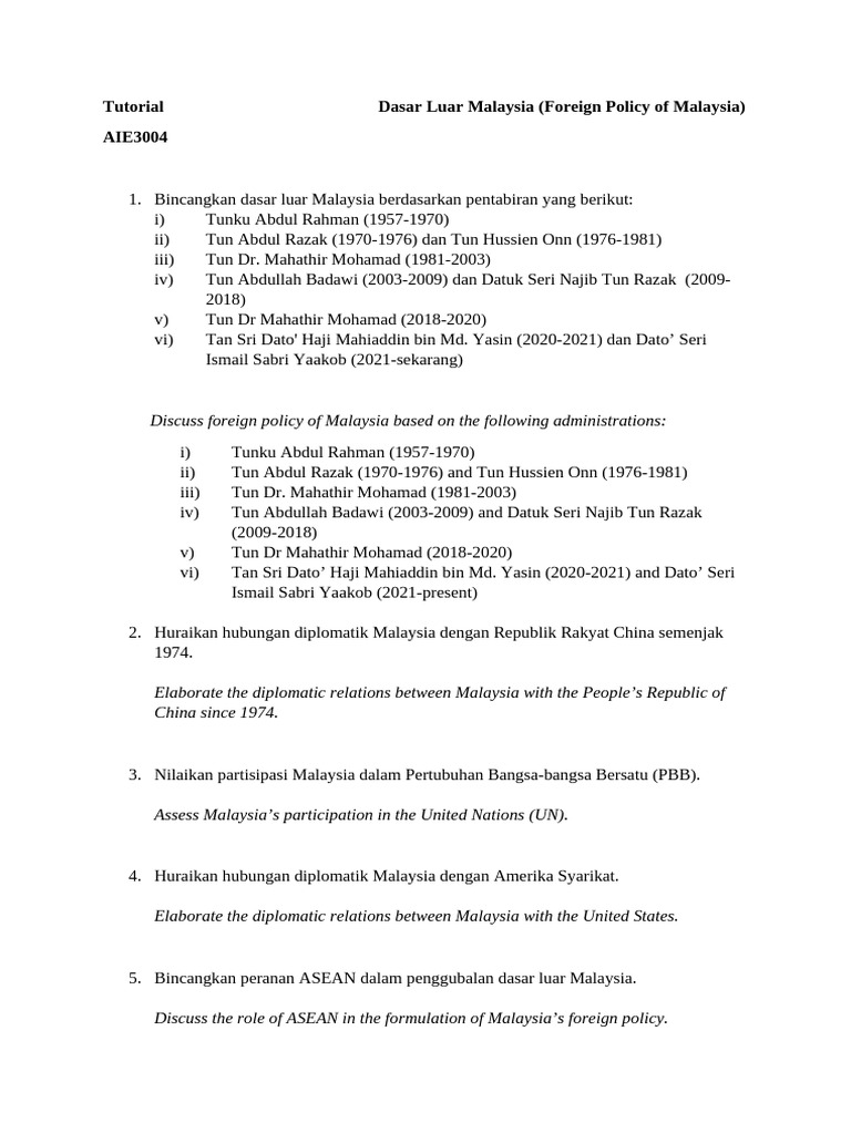 AIE3004 Tutorial BM Dan Eng Malaysia Foreign Policy | PDF