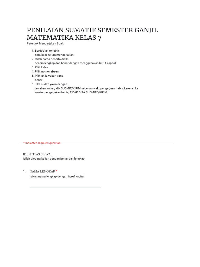 Soal Sumatif Matematika Kelas 7 Semester Ganjil 2023 - Google Forms | PDF