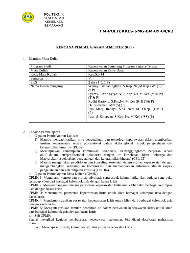 RPS KEP KRITIS DASAR 2024-2025 KI | PDF