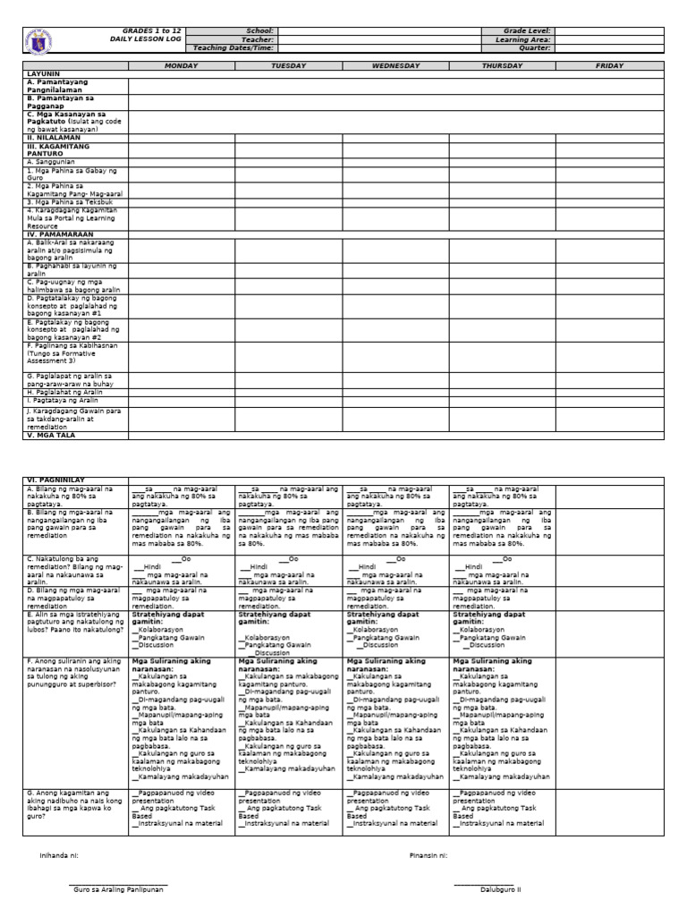 DLL Template For Filipino, AP, Esp, & Epp | PDF