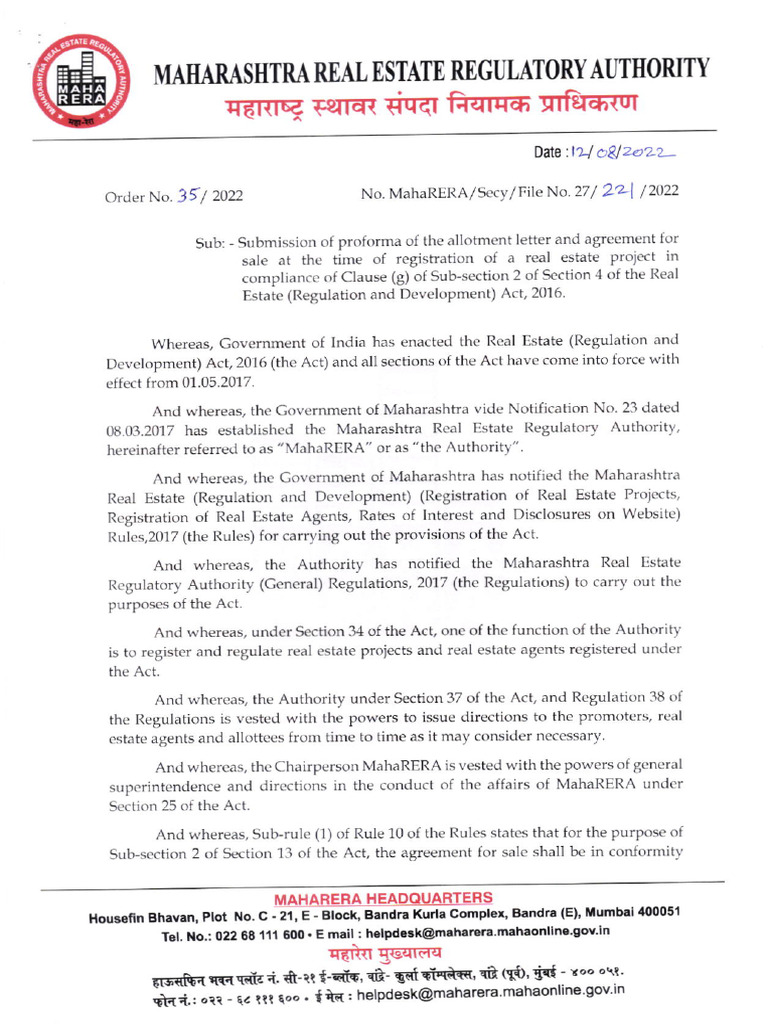 Order No 35 of 2022 - Submission of Proforma of The Allotment Ietter and Agreement | PDF