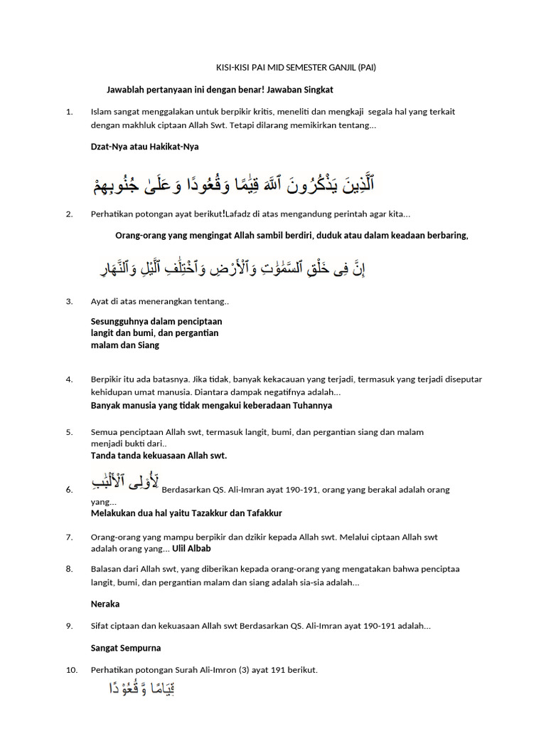 Kisi-Kisi PAI Kelas XI | PDF