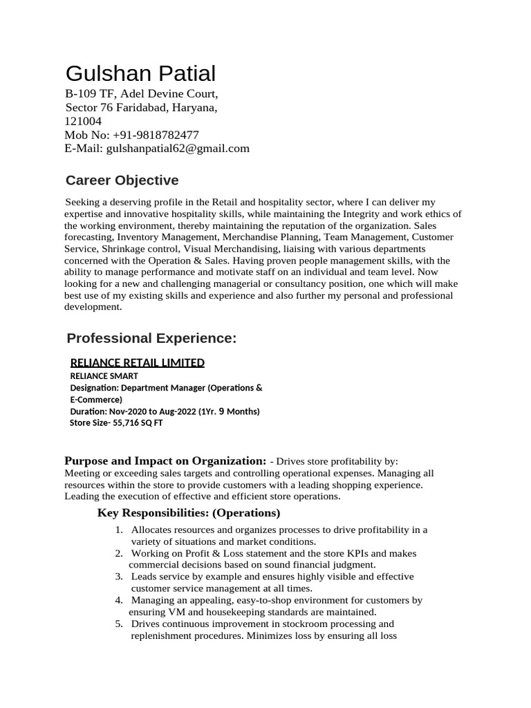 Gulshan Patial Resume 2024 | PDF | Business | Business Economics