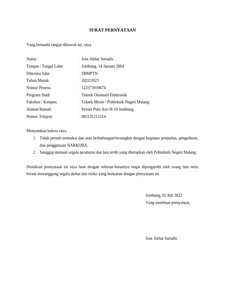 Surat Pernyataan Bebas Narkoba Dan Buta Warna Polinema | PDF