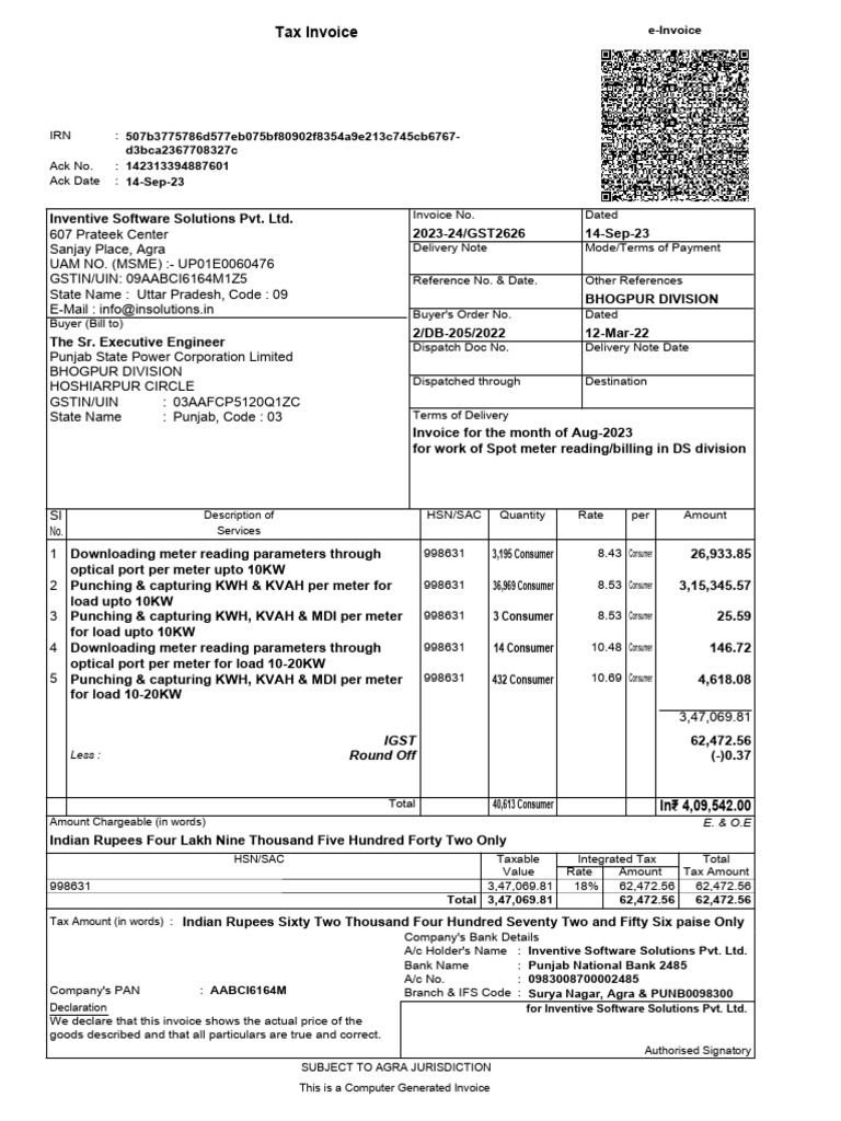 E Invoice of PSPCL NORTH ZONE Aug-23 | PDF | Invoice | Taxes