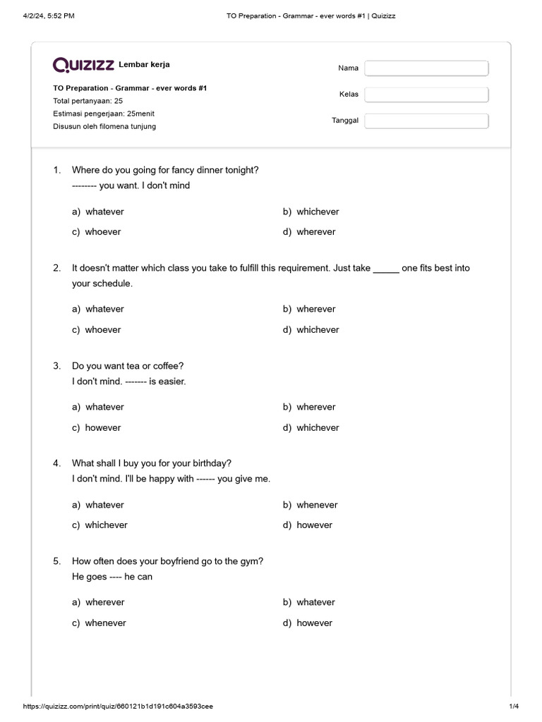 TO Grammar Quiz: Ever Words #1 | PDF