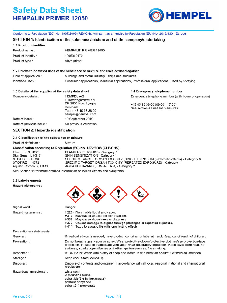 Hempalin Primer 12050-PNG SDS | PDF