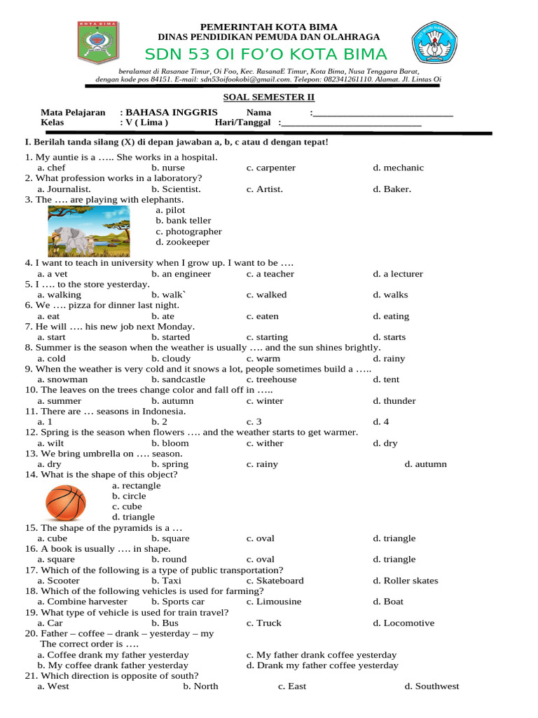 Soal B.inggris Kelas 5 SDN 53 | PDF