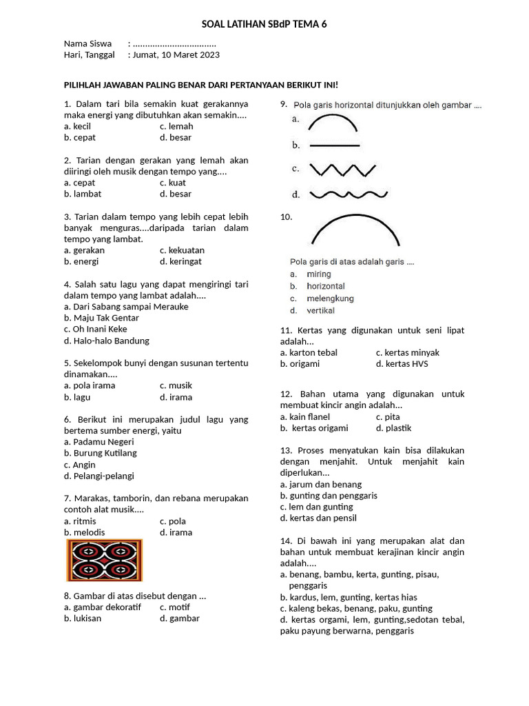 SOAL LATIHAN SBDP TEMA 6 | PDF
