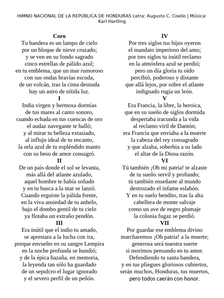 HIMNO NACIONAL DE LA REPÚBLICA DE HONDURAS Letra | PDF