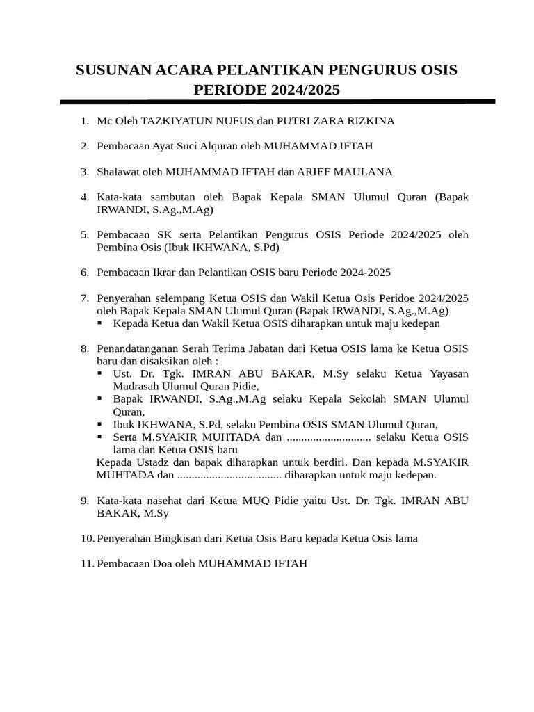 Susunan Acara Pelantikan Pengurus Osis 2023-2024 | PDF