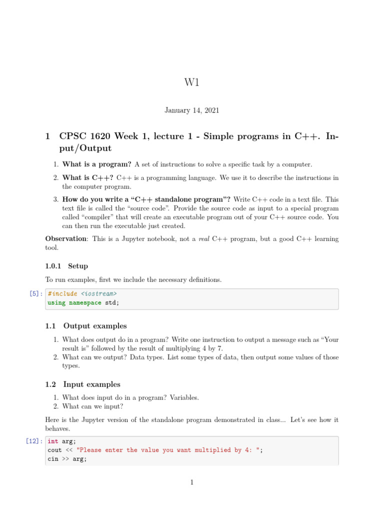 1 CPSC 1620 Week 1, Lecture 1 - Simple Programs in C++. In-put/Output | PDF