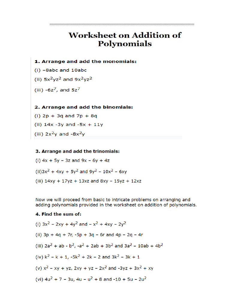 Addition of Polynomials Worksheet | PDF