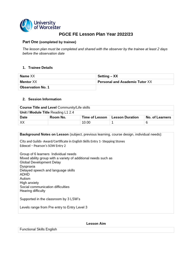 PGCE FE Lesson Plan and Observation Form EXEMPLAR 2223 UPLOAD | PDF ...