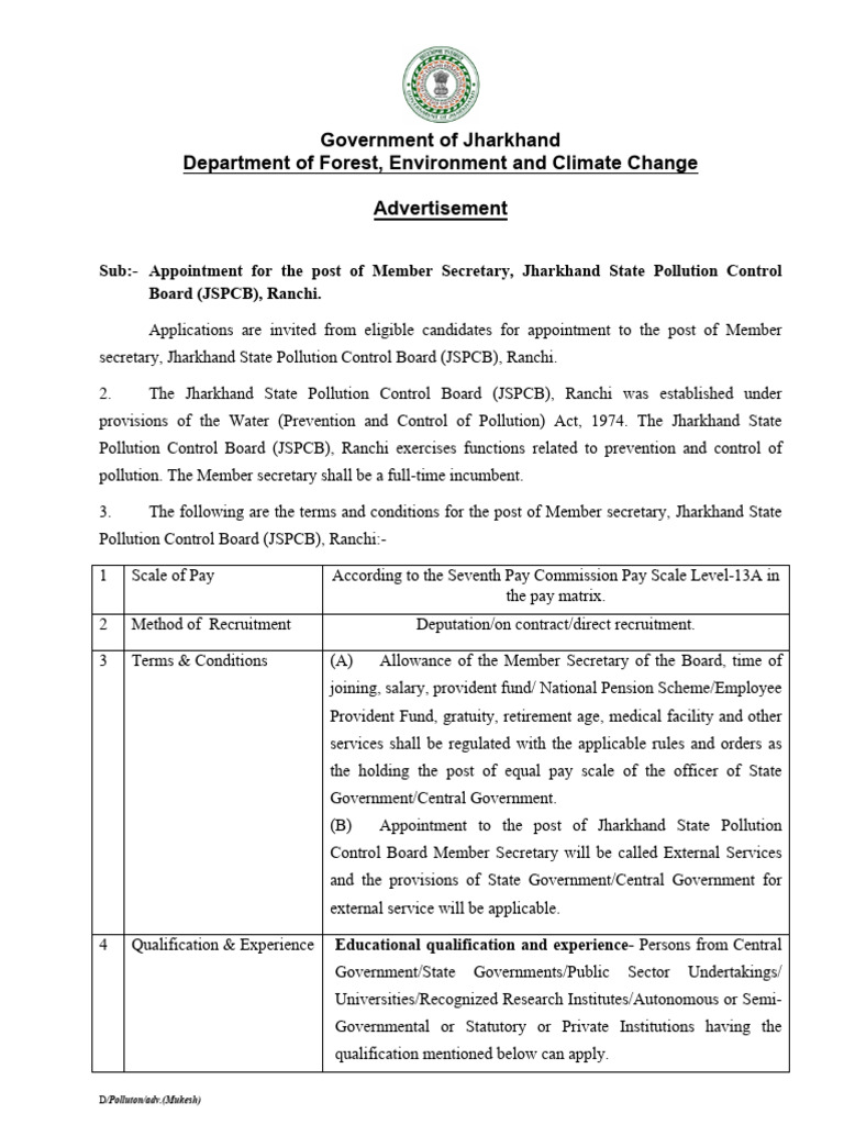 Advertisement Member Secretary | PDF