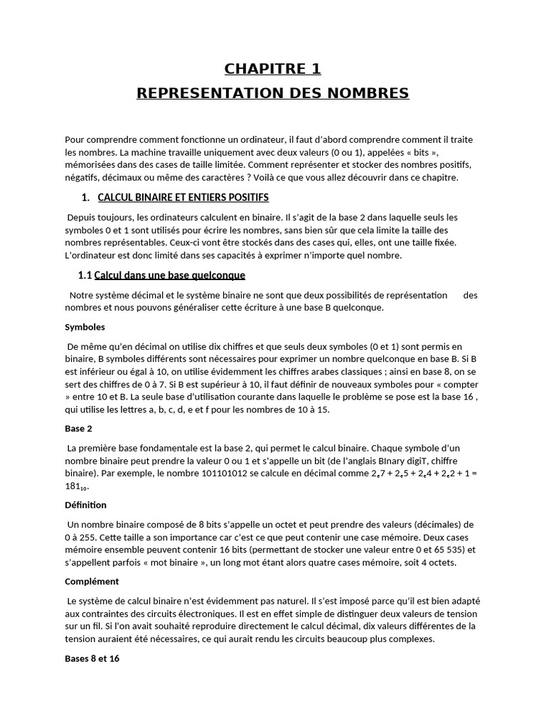 Chapitre 1 Representation Des Nombres | PDF