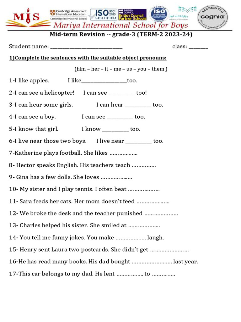 Mid Term Revision Worksheets Year 3 | PDF