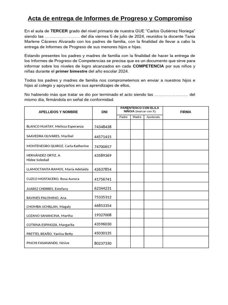 Acta de Entrega de Informes de Progreso Tania | PDF