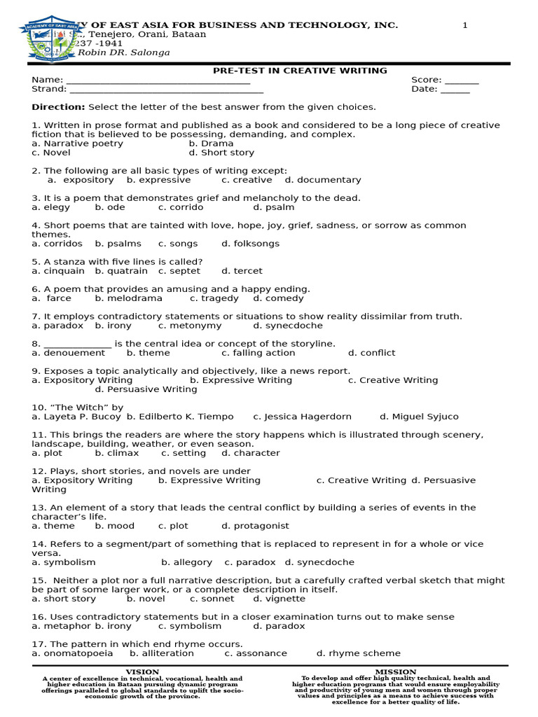 Creative Writing Pre-Test | PDF