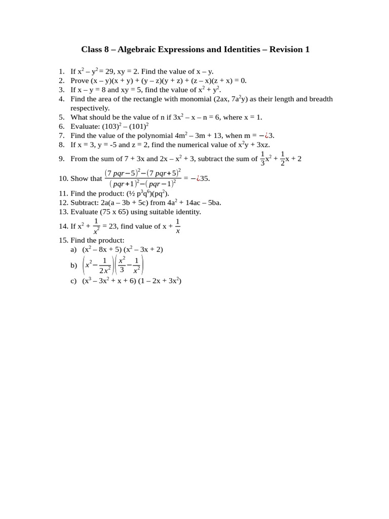 Class 8 - Algebraic Expressions and Identiites - Revision 1 | PDF