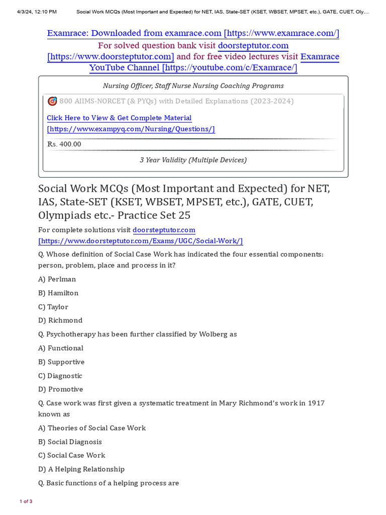 Social Work MCQs For Practice Set 25 | PDF