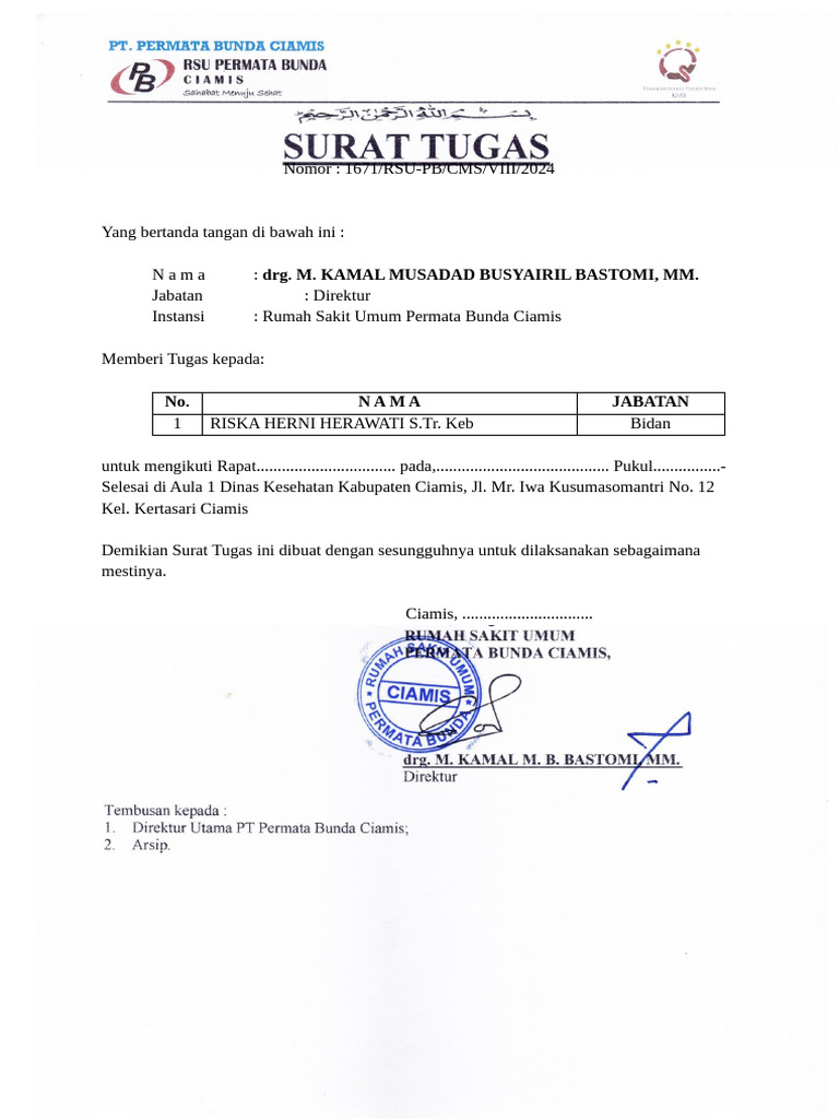 Surat Tugas RS Permata Bunda EDITORIAL | PDF