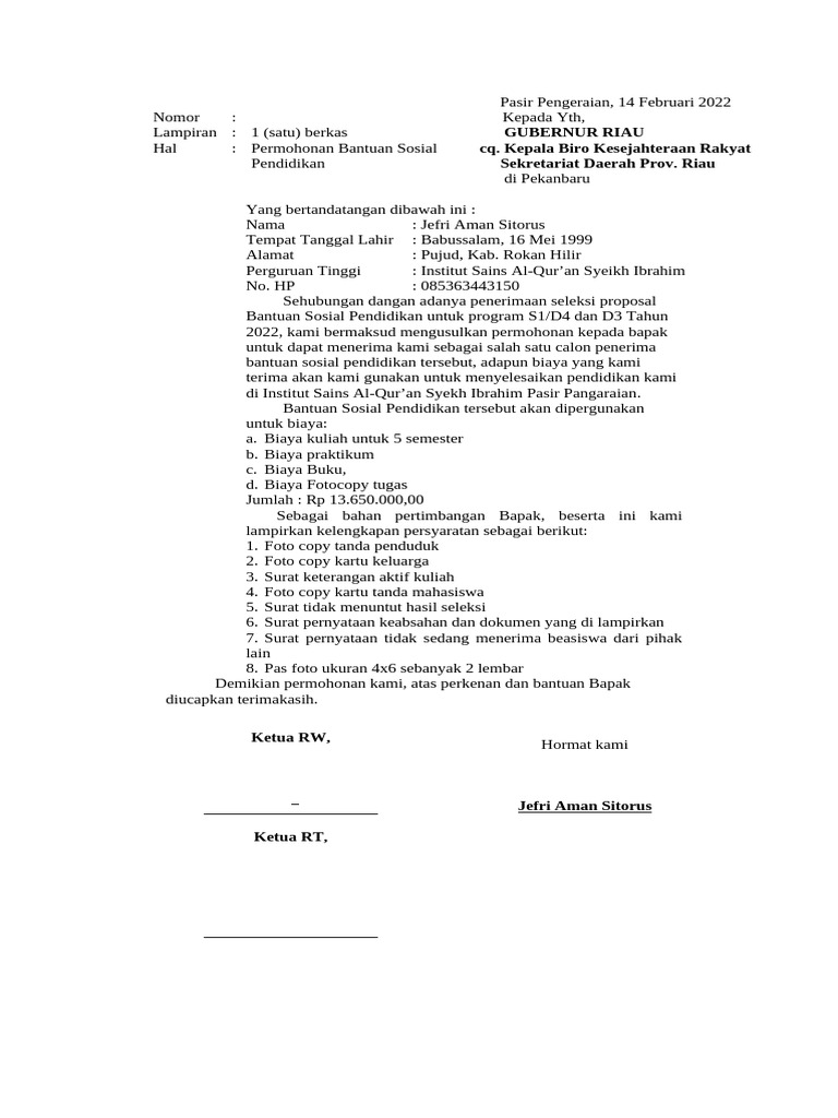(Format) Surat Permohonan Usulan Bansos 2022 | PDF