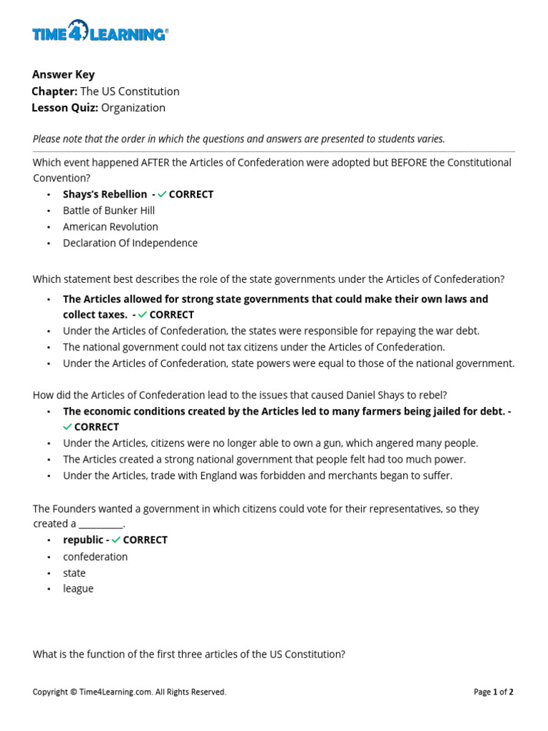 The Us Constitution Organization Quiz Answer Key | PDF