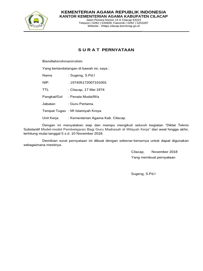 S U R A T Pernyataan Kesanggupan Diklat Guru Pdf