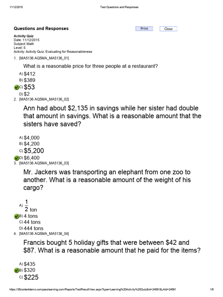Activity Quiz - Evaluating For Reasonableness | PDF