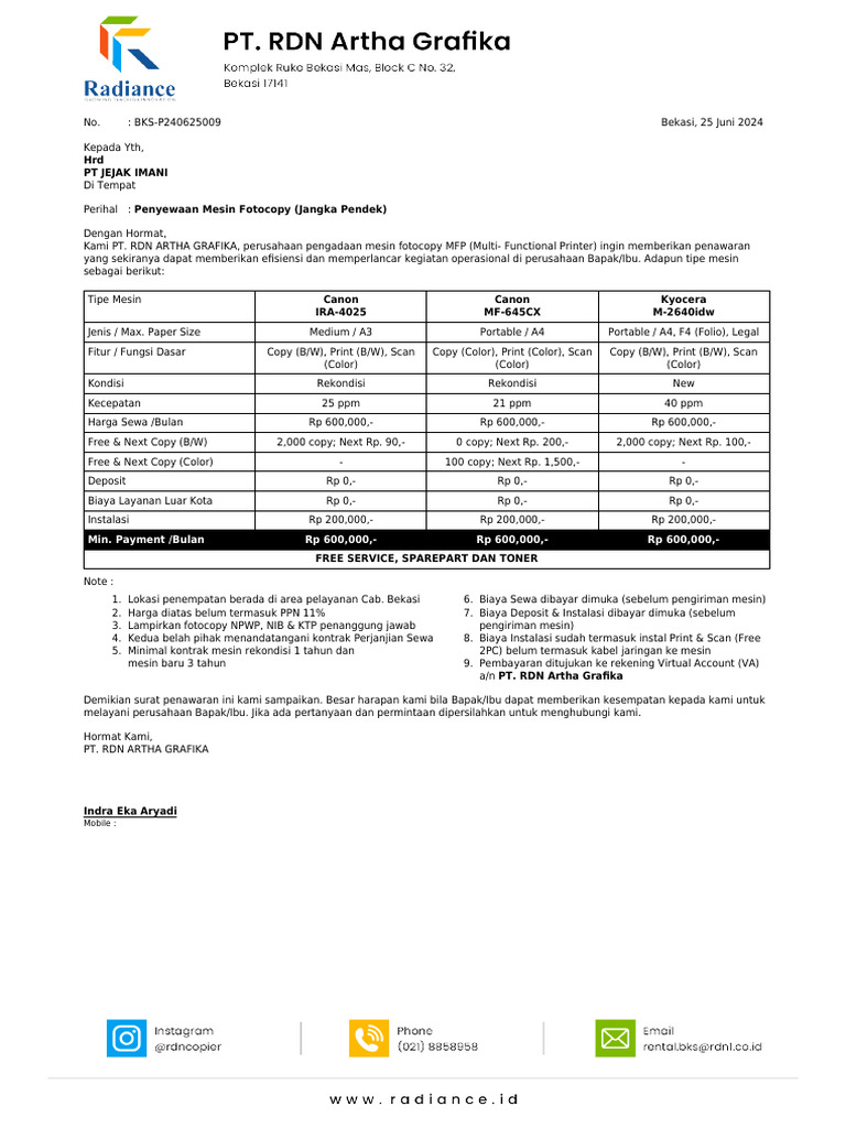 BKS-P240625009 - Penawaran PT JEJAK IMANI | PDF