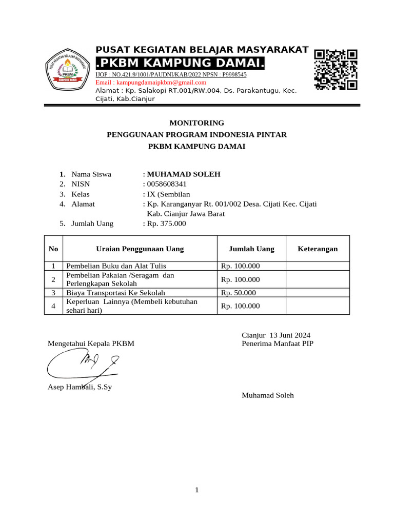 Monitoring Penggunaan Pip PKBM Kampung Damai | PDF