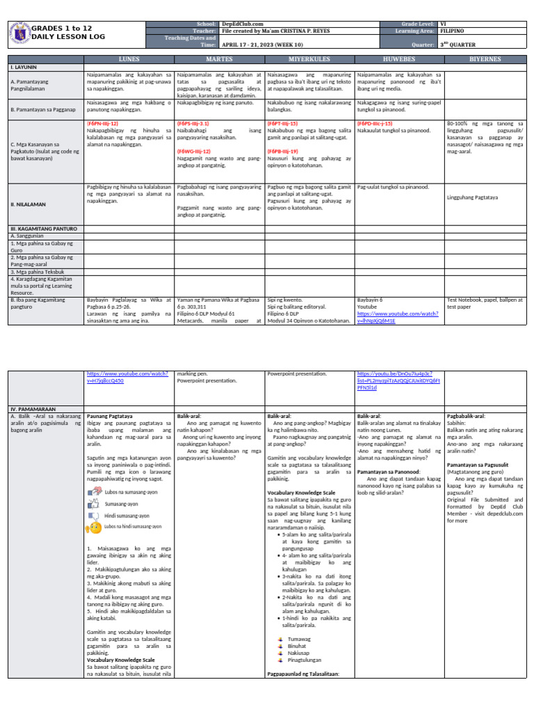 DLL - Filipino 6 - Q3 - W10 | PDF