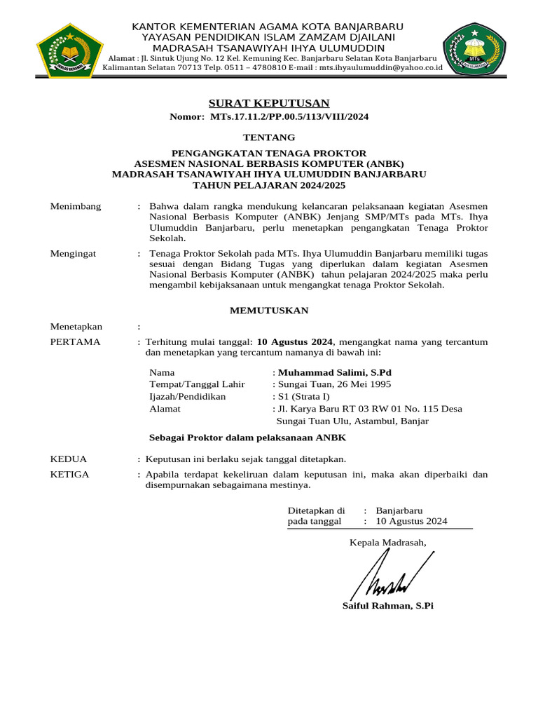 SK Proktor Teknisi ANBK 2024 | PDF