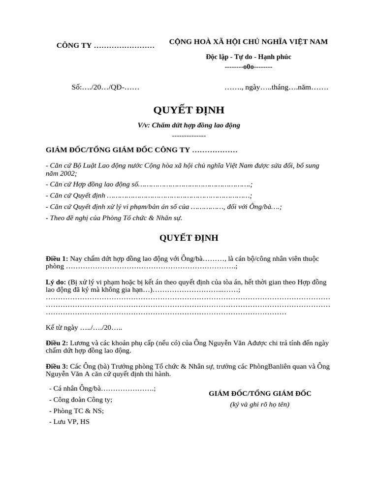 Mau Quyet Dinh Cham Dut Hop Dong Lao Dong | PDF