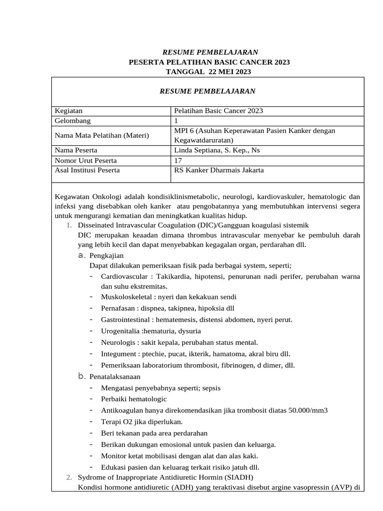 17 - Linda Septiana - MPI 6 (Asuhan Keperawatan Pasien Kanker Dengan Kegawatdaruratan) | PDF